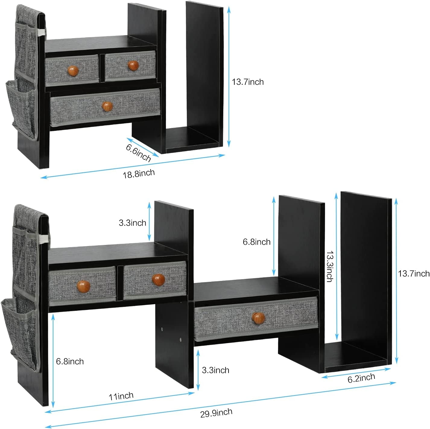 Expandable Desktop Bookshelf with Drawers (Black) | Teeo Creations USA