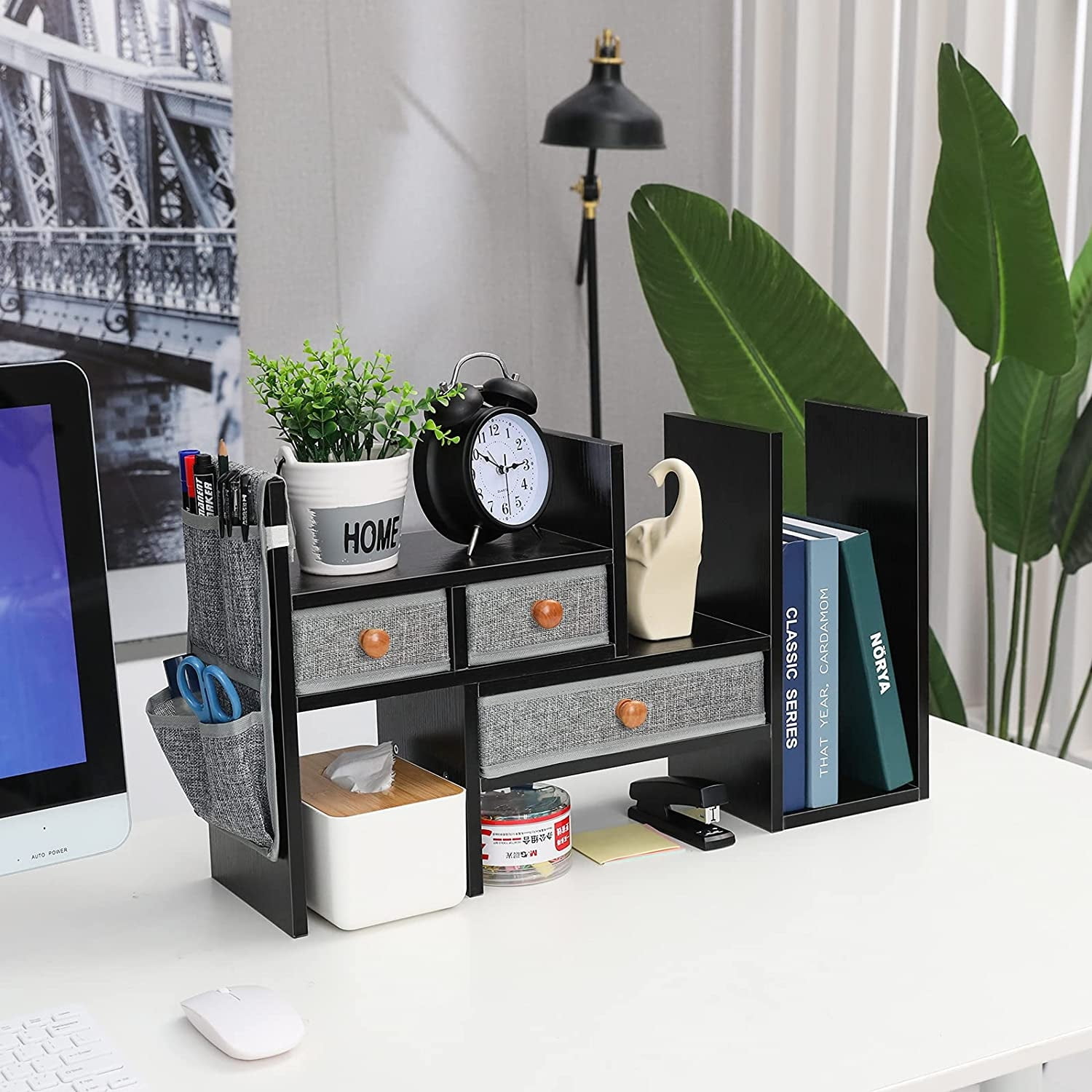 Expandable Desktop Bookshelf with Drawers (Black) | Teeo Creations USA