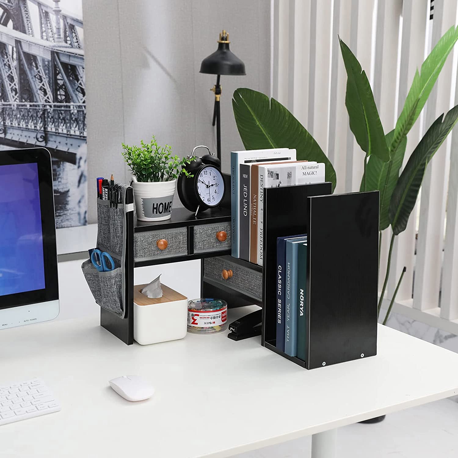 Expandable Desktop Bookshelf with Drawers (Black) | Teeo Creations USA
