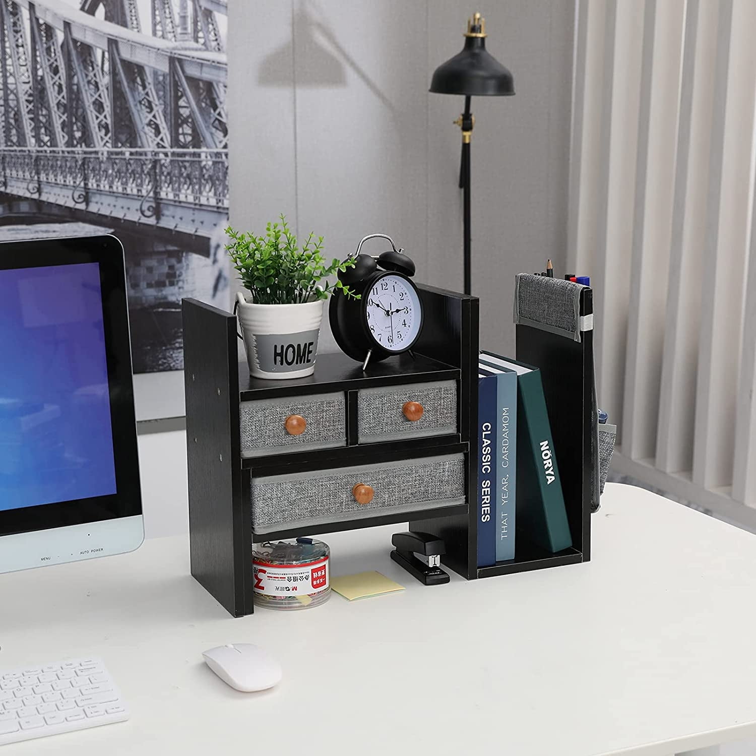 Expandable Desktop Bookshelf with Drawers (Black) | Teeo Creations USA