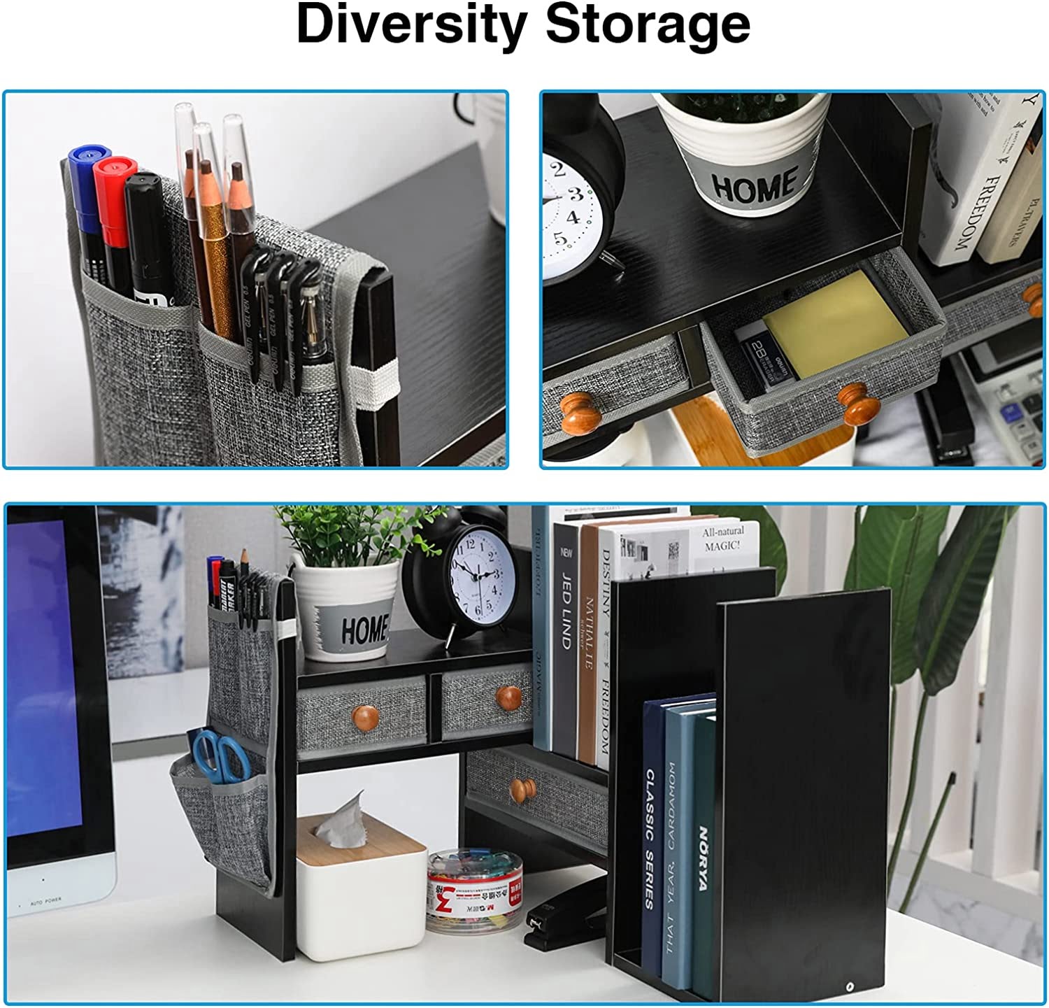 Expandable Desktop Bookshelf with Drawers (Black) | Teeo Creations USA